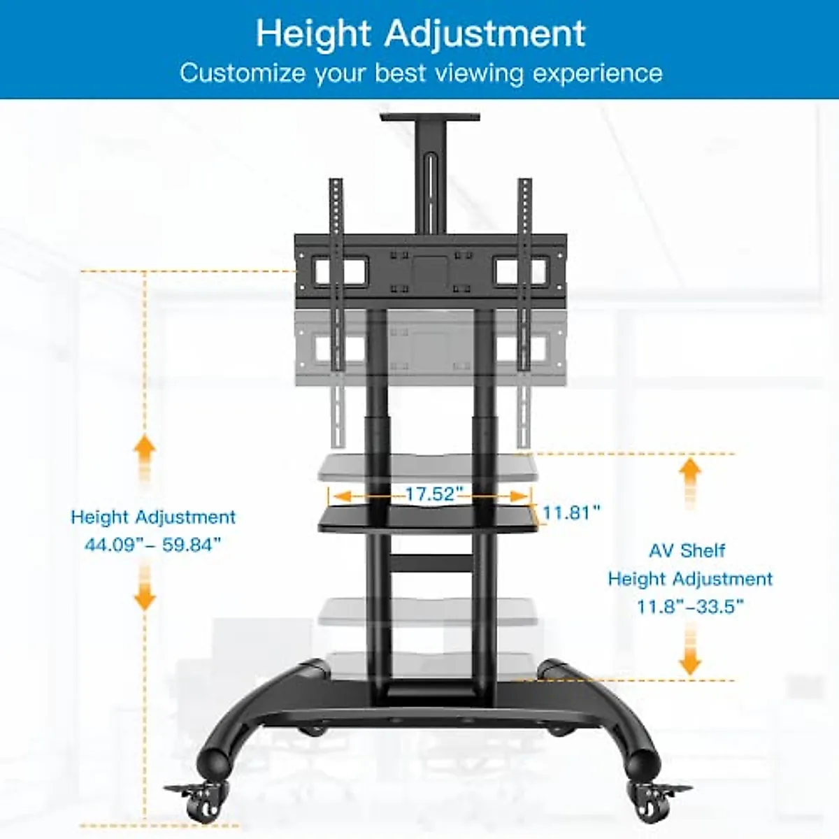 Rolling/Mobile TV Cart with Wheels for 32-75 Inch LCD LED 4K Flat Screen TVs - TV Floor Stand with Shelf Holds Up to 100 lbs, Height Adjustable Trolley Max VESA 600x400mm- PSTVMC05