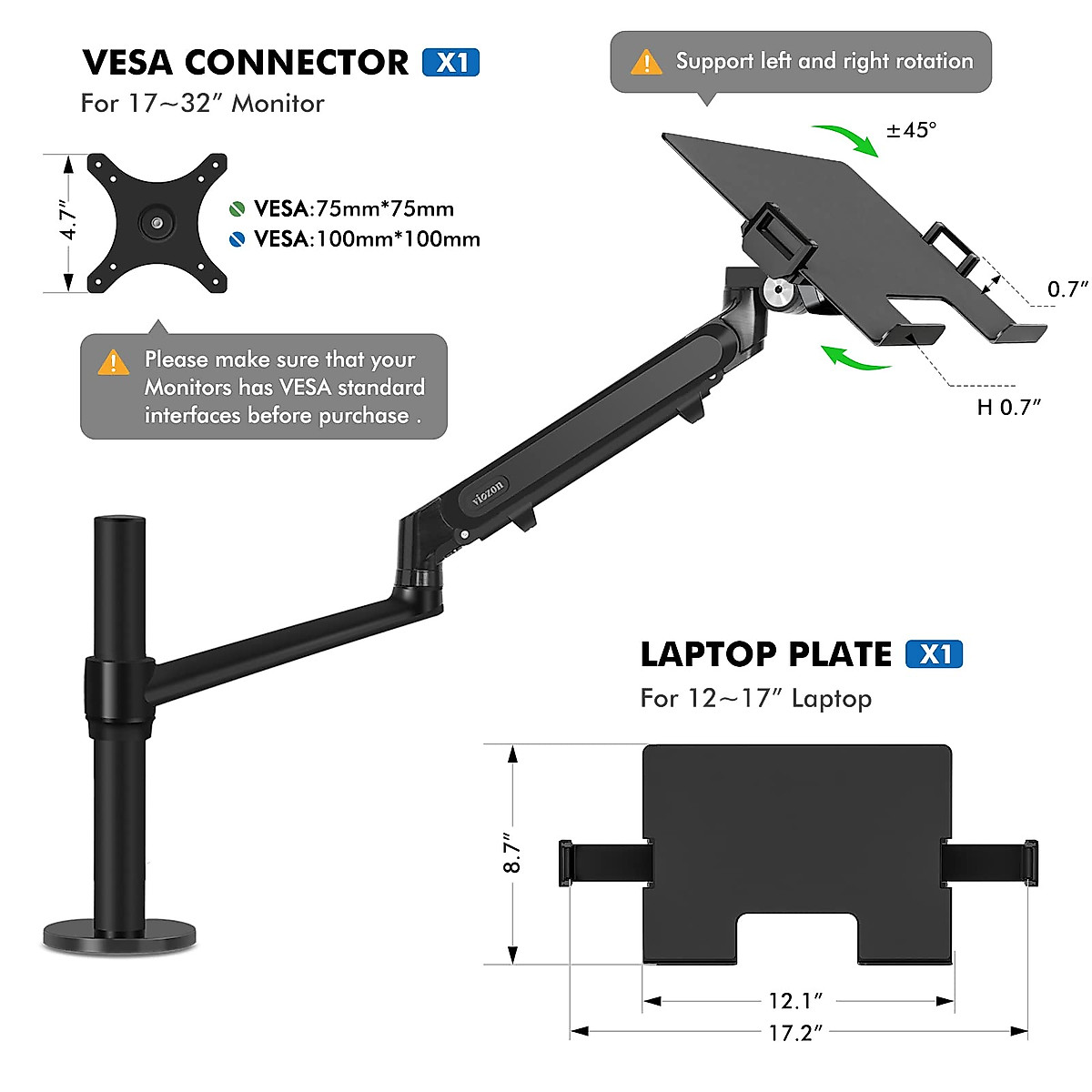Viozon Monitor/Laptop Mount, Single Gas Spring Arm Desk Stand/Holder for 17-32" Computer Monitor, Extra Laptop Tray Fits 12-17" Laptops/Notebook(1S-Prob)