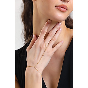 Wish Carat 100% 14k Real Gold Bracelet Ring Hand Chain - Adjustable Finger Chain Bracelet Gold | Dainty Charm Hand Jewelry for Women | Gifts for Women | 7'' to 8