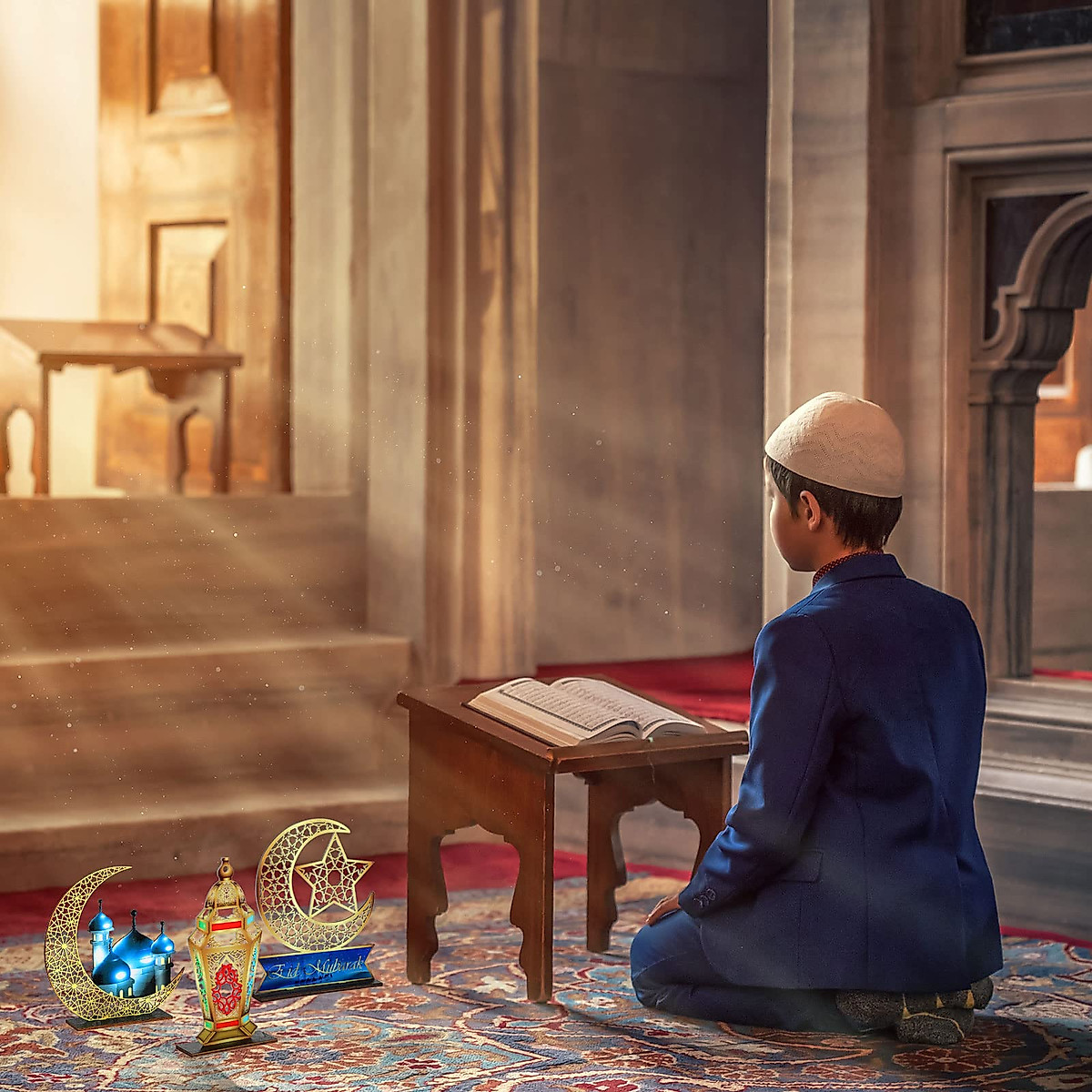 3 Pieces Eid Mubarak Table Decorations Wooden Centerpiece Signs, Eid Ramadan Kareem Table Top Centerpieces Wooden Candy Day for Eid Ramadan Muslims Dinner Coffee Table Topper Tier Tray Room Decor