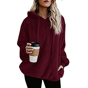 ReachMe Womens Oversized Sherpa Pullover Hoodie with Pockets Fuzzy Fleece Sweatshirt Tie Dye Fluffy Coat(A Burgundy,M)