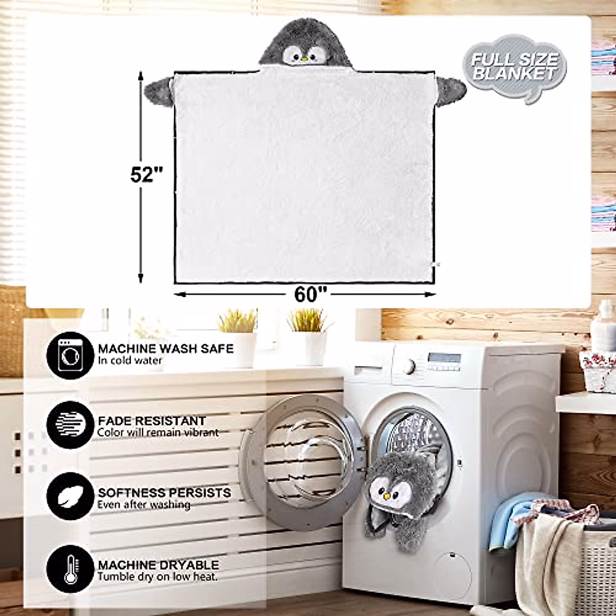 Penguin Wearable Hooded Blanket for Adults – Super Soft Warm Cozy Plush Flannel Fleece & Sherpa Hoodie Throw Cloak Wrap - Penguin Gifts for Women Adults Girls and Kids