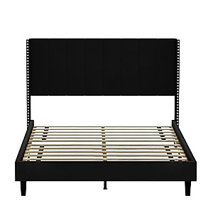 Queen Size Velvet Upholstered Platform Bed Frame with Vertical Channel Tufted Headboard, Soft Velvet Platform Bed with Solid Wood Slat Support for Bedroom Boys Girls Adults Teens, Noise Free, Black