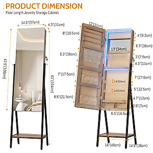 LVSOMT LED Standing Jewelry Mirror Cabinet, Stand Up Full Length Mirror with Storage, Lockable Floor Jewelry Armoire Organizer with 2 Drawers, Bottom Shelf, Built-in Lighted Makeup Mirror (Brown)