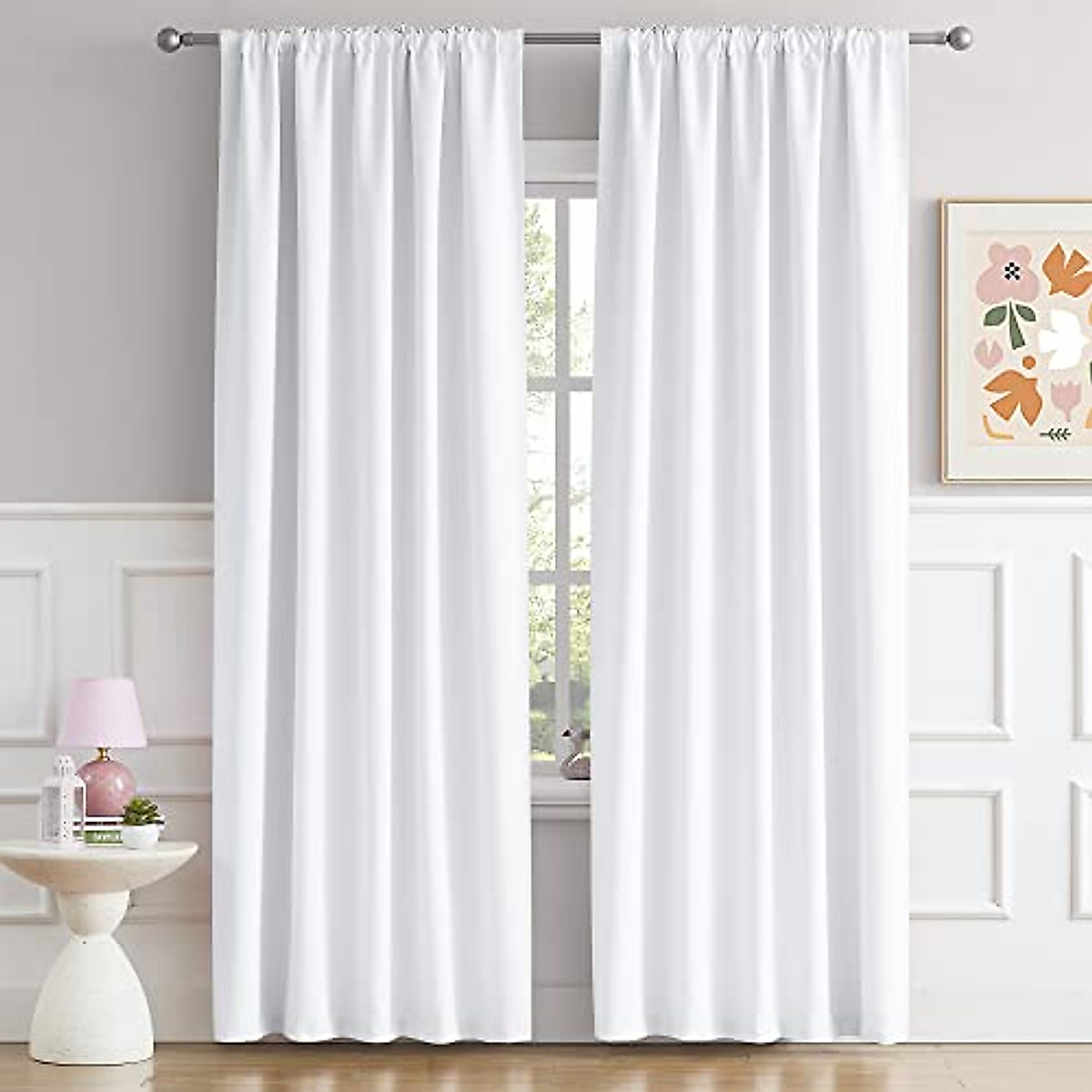 DUALIFE Back Tab/Rod Pocket Bedroom Window Curtains - Half Blackout Pure White Curtains 90 Inches Long, Room Darkening Thermal Insulated Window Treatment Panels 52 x 90 Inch, 2 Panels