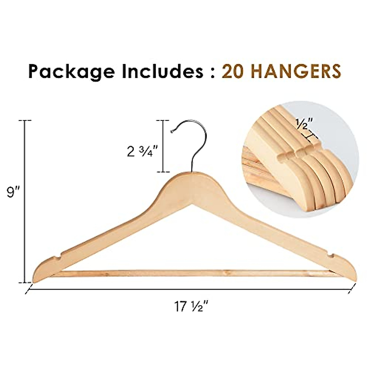 StorageWorks Wooden Coat Hanger, 20 Pack Heavy Duty Clothes Hangers, Natural Wood Color, Natural Wood Hangers for Shirts, Jackets, Pants, Suits