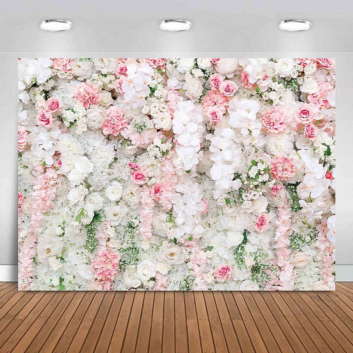 7X5FT Pink White Rose Flower Backdrop Party Bridal Shower Photoshoot Valentine's Day Mother's Day Wedding Anniversary Baby Shower Couple Shooting Background Cake Table Banner