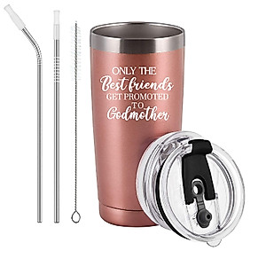 Godmother Gifts, Best Friends Get Promoted to Godmother Travel Tumbler, Christmas Baby Pregnancy Announcement Gifts for Godmother Friends, 20 Oz Stainless Steel Insulated Tumbler with Lids, Rose Gold
