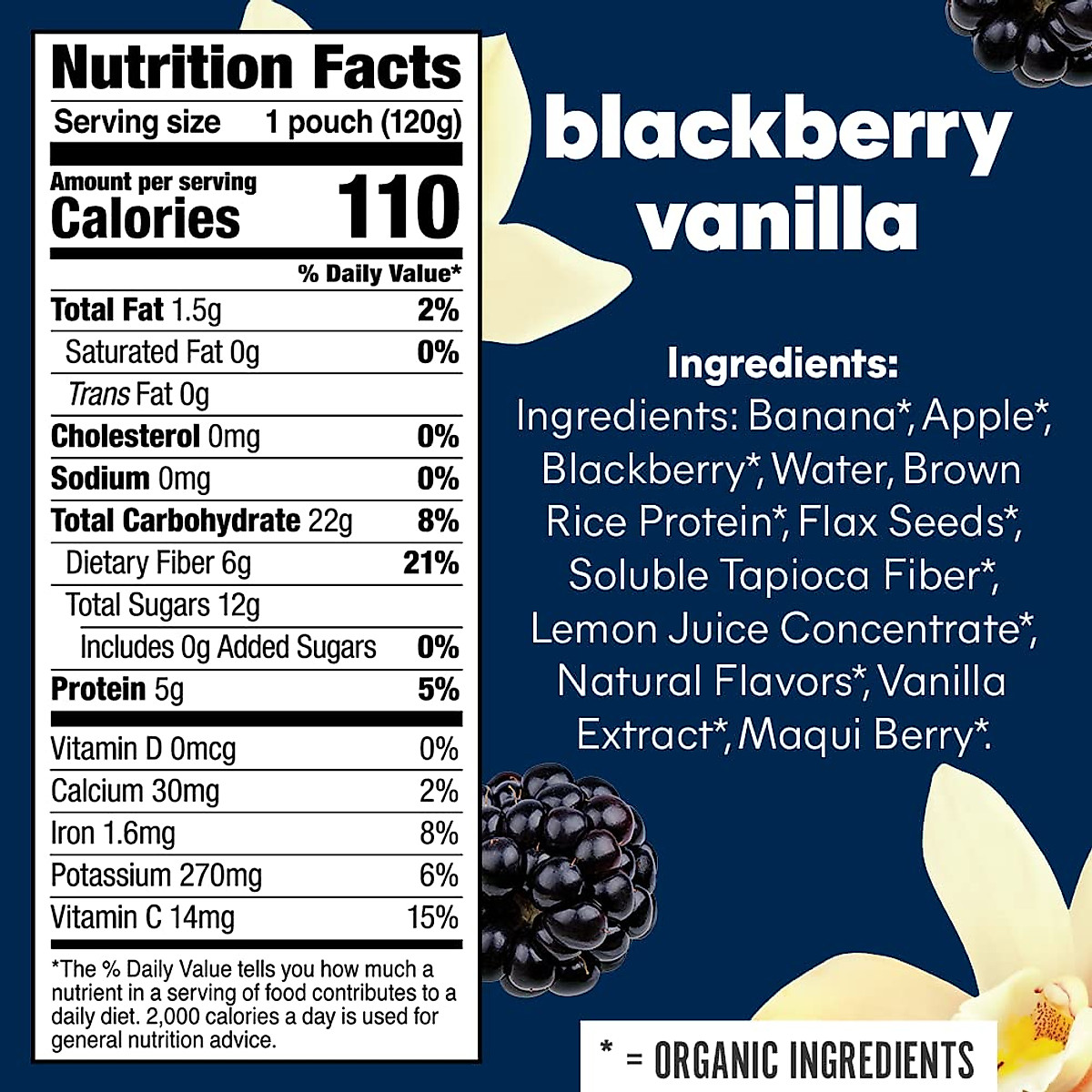 Noka Superfood Fruit Smoothie Pouches, Blackberry Vanilla, Healthy Snacks with Flax Seed, Plant Protein and Prebiotic Fiber, Vegan and Gluten Free Snacks, Organic Squeeze Pouch, 4.22 oz, 12 Count