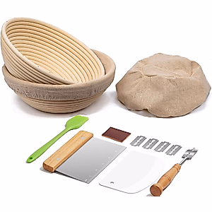 Banneton Bread Proofing Basket, 11 Pc Sourdough Starter Kit, 1 x Round 9 Inch Basket, Lame, Blades, Scrappers, Cotton Cover, Silicone Brush, & More - Sourdough Bread Baking Starter Kit (13)