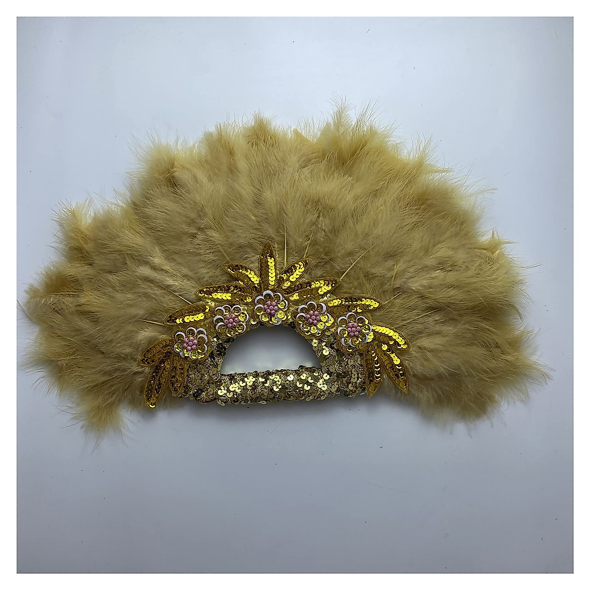 GEM DRILL Big Size Design African Orange Feather Fan Ladies Wedding Feather Fan for Bride Double Side Feather Nigerian Flower Handfan (Color : Gold, Fan Size : 32cmx55cm)