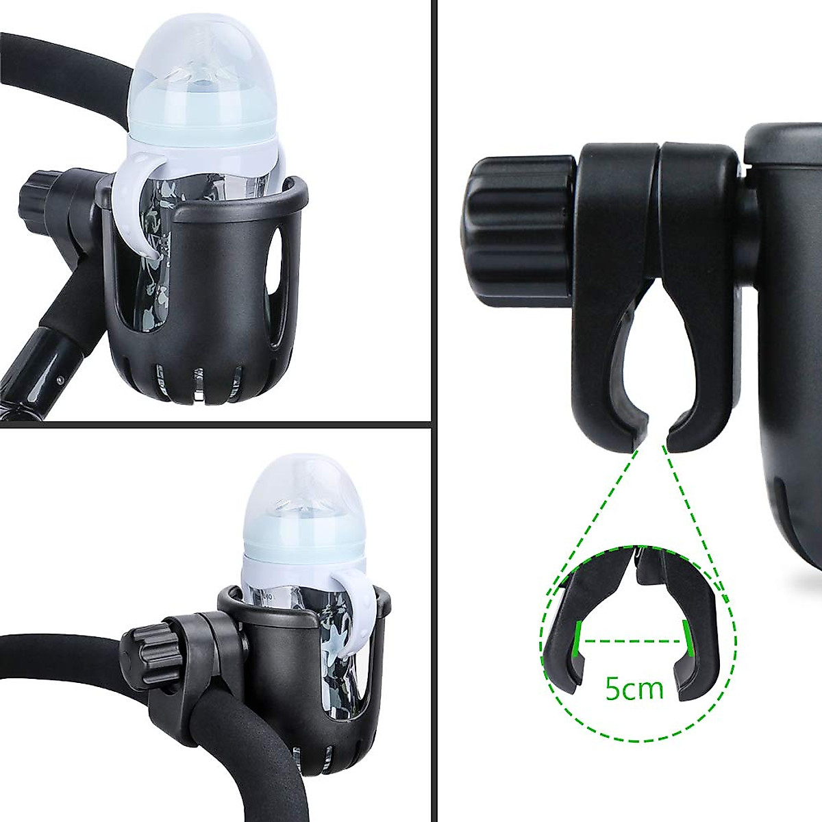 Universal Cup Holders for Bikes and Strollers, Drink Holders for Trolleys and Wheelchairs with 360-degree Rotation (Black, 1 Piece)