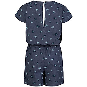 Calvin Klein Girls' Short Sleeve Lightweight Denim Romper, Jean Jumpsuit with Button Closure , Dark Chambray Grid, 12-14