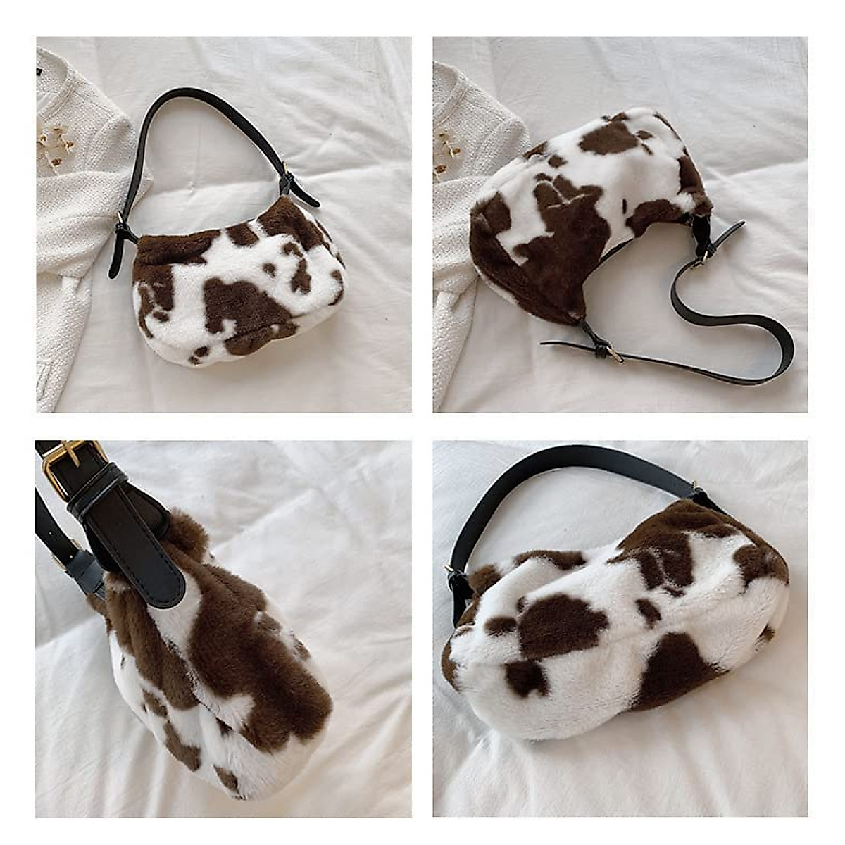 Women Fluffy Faux Fur Cow Print Shoulder Bag Clutch Purse Underarm Handbag Satchel Zipper Tote Bag Purse