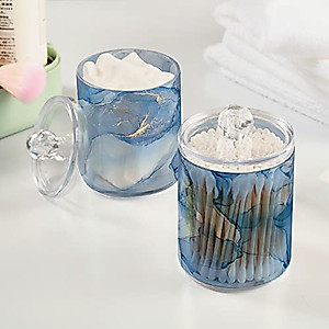 2 Pack Qtip Holder Organizer Dispenser Blue Marble Ink Modern Fluid Art Bathroom Storage Canister Cotton Ball Holder Bathroom Containers for Cotton Swabs/Pads/Floss