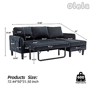 Olela Pull Out Sleeper Sofa Couch,Velvet Convertible Sofa Bed L Shape Sectional Sofa with Storage Chaise and Pocket for Living Room (Black), (convertible sofa bed-1)
