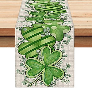 ARKENY St Patricks Day Lucky Green Shamrock Table Runner 72 Inches Eucalyptus Leaves Spring Seasonal Holiday Decor for Dining Table Indoor Home Farmhouse Tabletop Decoration AT386