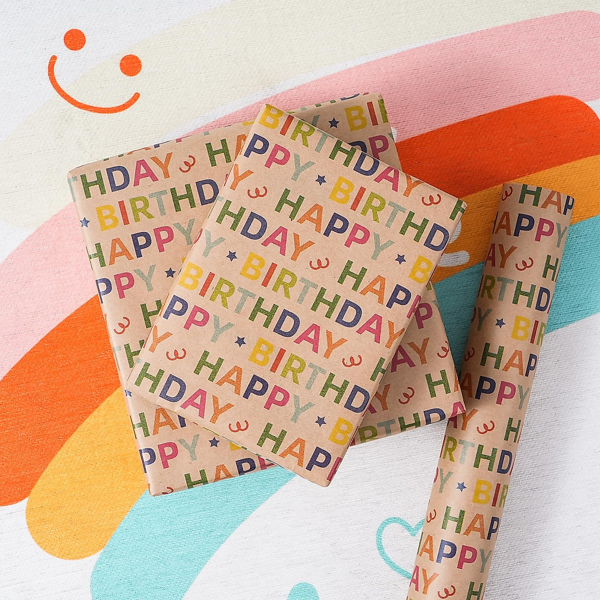 Ulmasinn Kraft Birthday Wrapping Paper - Mini Roll - 17 Inches X 33 Feet - for Boys Girls Kids - Colorful Happy Birthday Pattern Great for Birthday, Party, Baby Shower