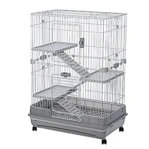 Gecheer 4-Tier 32" Small Animal Metal Cage Height Adjustable with Lockable Casters Grilles Pull-Out Tray for Rabbit Chinchilla Ferret Bunny Guinea Pig Squirrel Hedgehog Grey