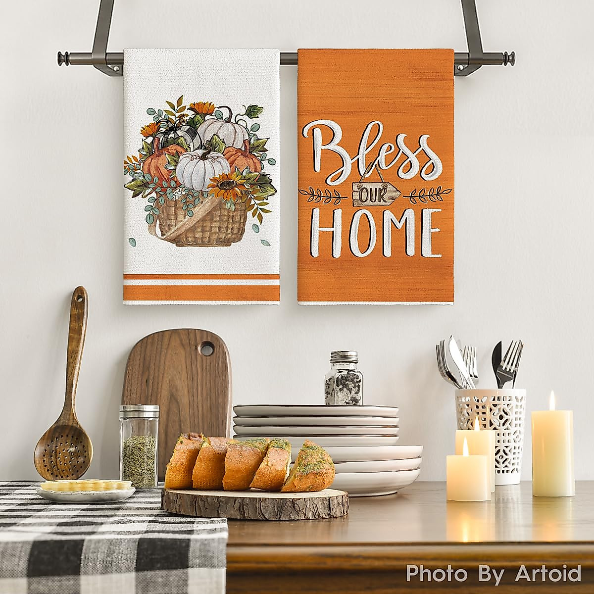 Artoid Mode Flower Basket Truck Pumpkin Fall Kitchen Towels Dish Towels, 18x26 Inch Bowknot Thanksgiving Decoration Hand Towels Set of 4