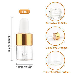 15Pcs Glass Essential Oil Dropper Bottles Clear Mini 1ml/2ml/3ml Perfume Dropping Bottle Cosmetic Sample Vials with Gold Cap and White Latex