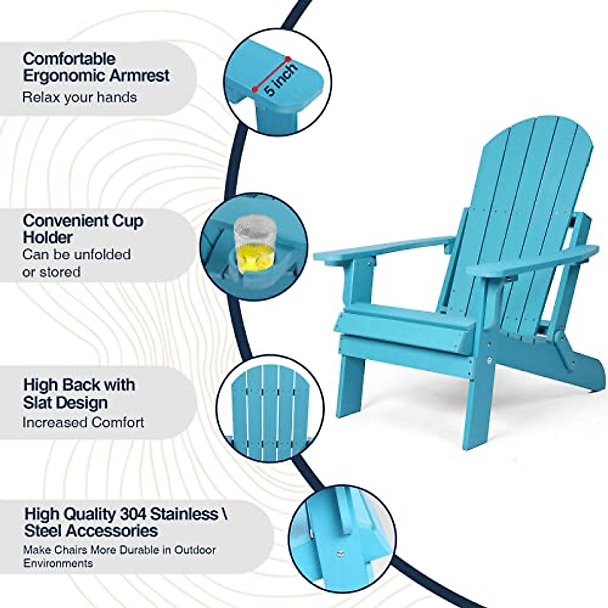 Folding Adirondack Chairs Set of 4, All Weather Resistant Plastic Chair with Cup Holder, Fold or Unfold Easily in 1 Second, Outdoor Chairs for Patio, Garden, Backyard Deck, Lawn, Fire Pit - Lake Blue