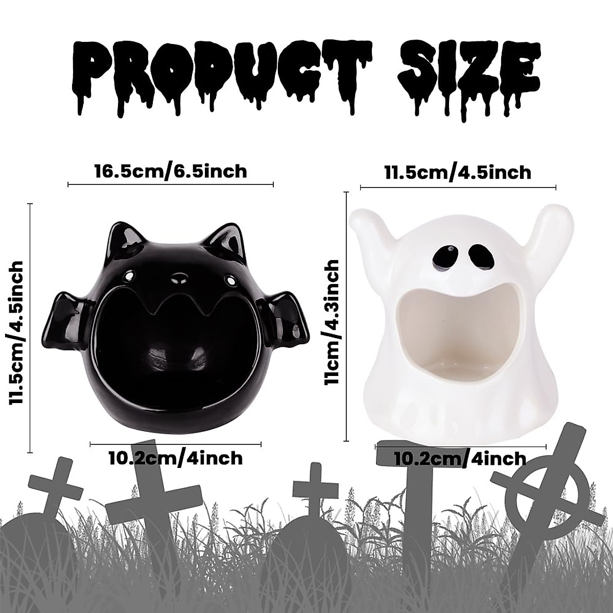 DIYDEC 2pcs Halloween Candy Bowls, Halloween Candy Dish Candle Holder Bat Ghost Ceramic Dish for Halloween Tiered Tray Ornament Tableware Party Decor Gifts