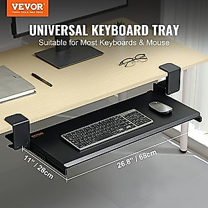 VEVOR Clamp on Keyboard Tray Under Desk, Desk Keyboard Tray Slide Out with Sturdy No-Drill C Clamp Mount, Large 26.8 x 11 inch Slide-Out Computer Drawer for Typing in Home, Office Work