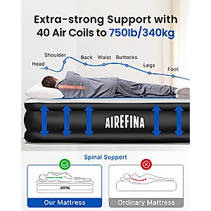Airefina Queen Air Mattress with Built-in Pump 18", Blow up Mattress in 3 Mins, Colchon Inflatable Mattress with Flocked Surface for Home, Guest,Comfort, Foldable & Portable Four Chamber Technical