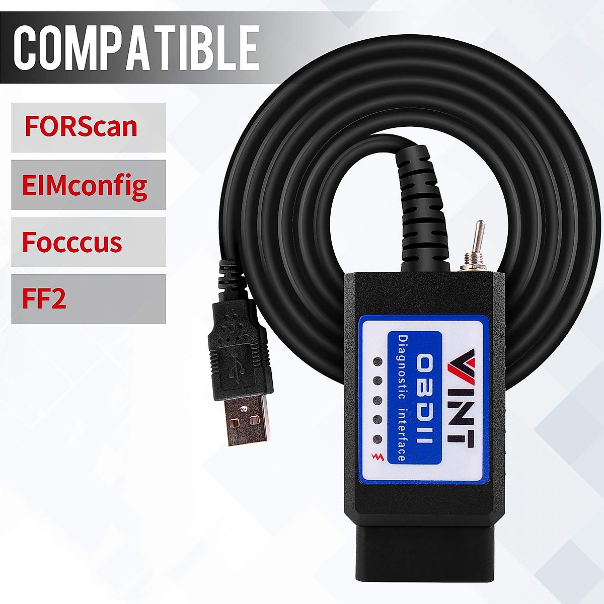 OBD2 Adapter FORSCans VINT-TT55502 ELMconfig ELM327 modified VINTscan for all Windows compatible with Ford Cars F150 F250 and Light Pickup Truck Scan Tool, Code Reader MS-CAN HS-CAN Switch BLACK