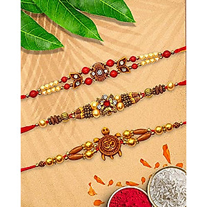 Set of 3 Fancy Rakhi Bracelet for Brother, Rakshabandhan Rakhee Thread, Indian Traditional Rakhi for lovely Brother & Bhabhi, Rakhi Bands for Loving Sibling Brother, Indian Designer Latest Rakhi for Bhai Thread Bracelets