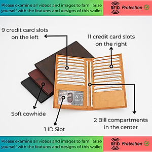 AG Wallets Leather Wallet for Men & Women - Secure RFID Wallet with Space for 20 Credit Cards, 1 ID & Cash - Cowhide Leather Wallet - Slim Bifold Wallet - Long Wallet for Casual or Office - Black