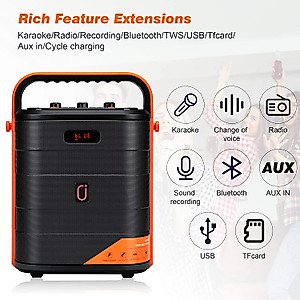 JYX Karaoke Machine with Wireless Microphone, Portable Bluetooth Speaker with Bass/Treble Adjustment, PA System with Remote Control, LED Lights,Supports TF Card/USB, AUX in, FM, REC,TWS for Party