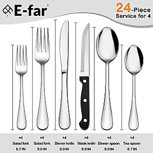 E-far 24-Piece Silverware Set with Steak Knives, Stainless Steel Flatware Cutlery Set Eating Utensils for 4, Spoons Forks Knives for Home Kitchen, Simple Design & Mirror Finish, Dishwasher Safe