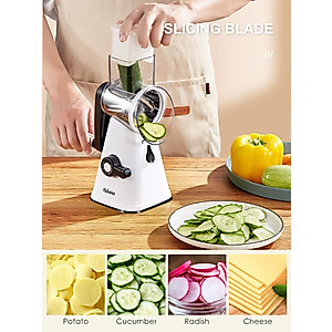 Yabano Rotary Cheese Grater Cheese Shredder with Handle, Vegetable Slicer for Kitchen, 3 Replaceable Stainless Steel Drum Blades, Easy To Use & Clean, Manual Nuts Grinder with Cleaning Brush, White