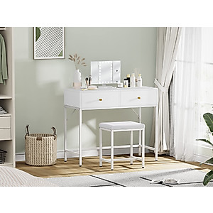 SUPERJARE Vanity Desk, Makeup Vanity with Lighted Mirror, White Desk with Drawers, 35.4 Inches Makeup Vanity Desk with Lights, for Bedroom, White