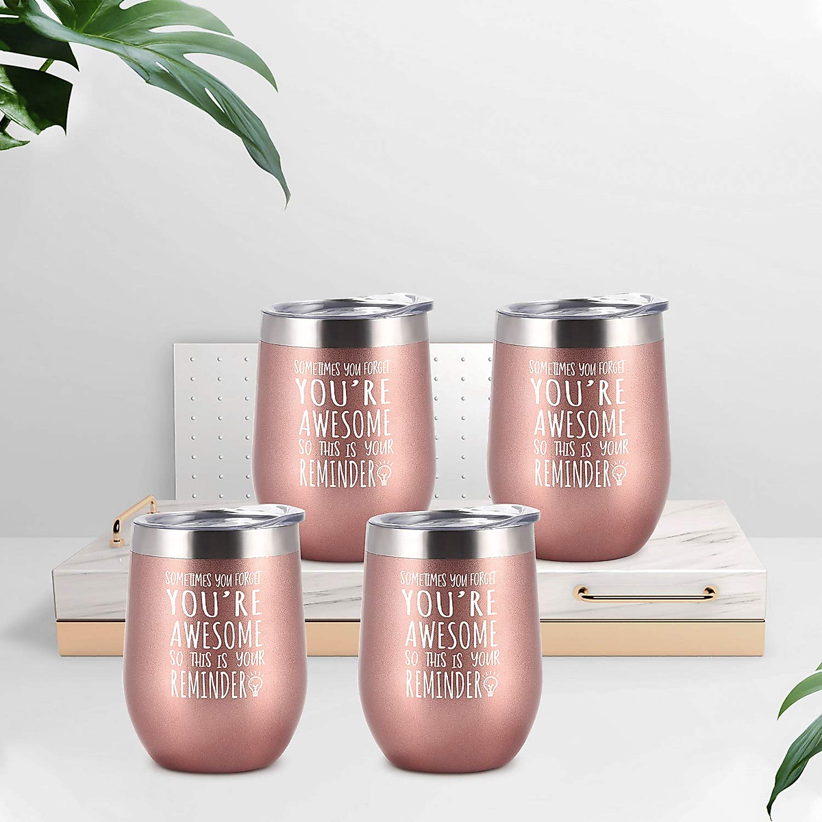4 Pack Wine Tumbler, Thank You Idea-Sometimes You Forget You're Awesome, Appreciation Idea for Women Friend Mom Wife Coworker Sister, Insulated Stainless Steel Tumbler with Lid(12oz, Rose Gold)