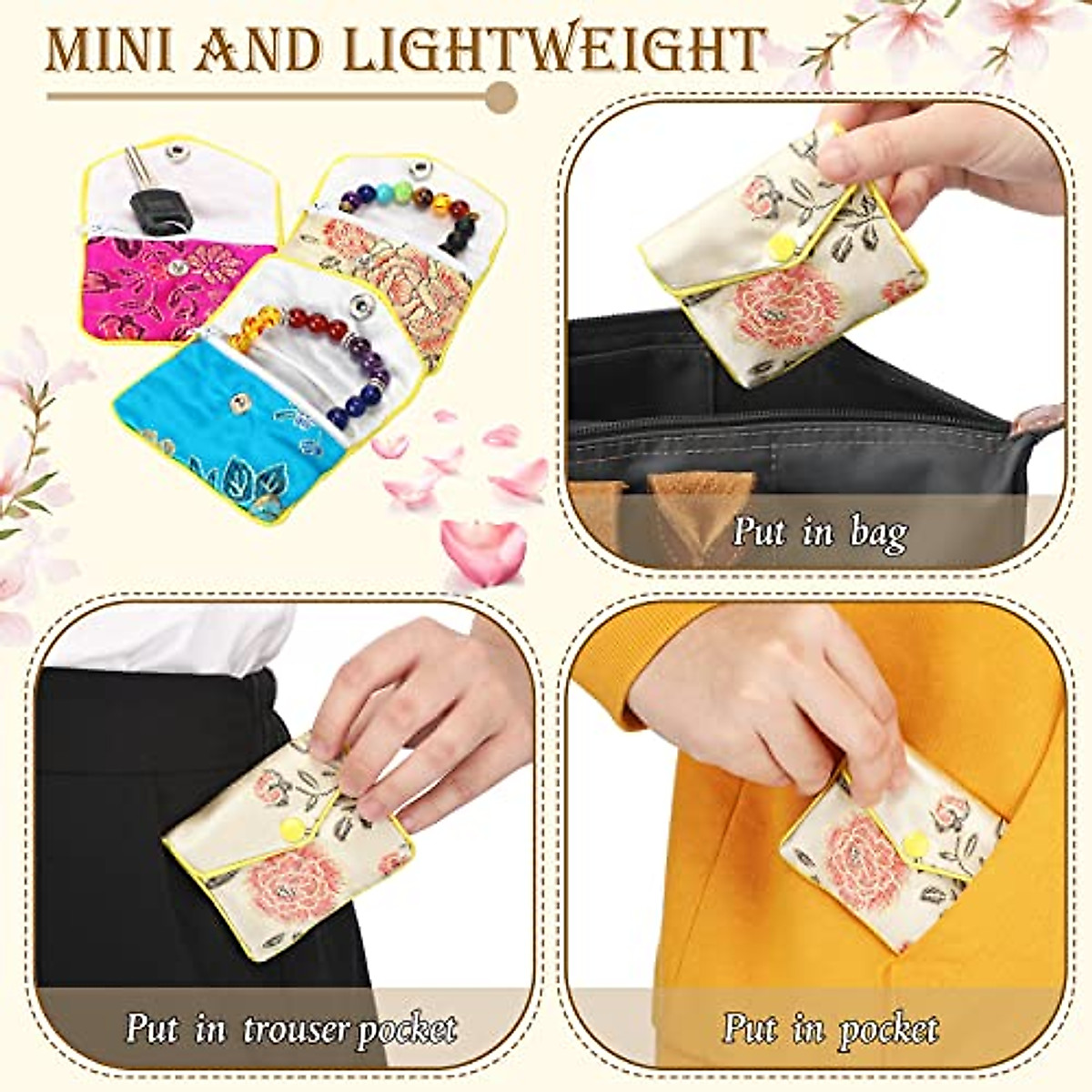 Zhengmy 50 Pcs Jewelry Silk Purse Pouch Gift Bags Bulk, Small Chinese Style Brocade Embroidered Bag with Zipper Snap for Women Girls Necklaces Earrings Bracelets 5 Colors