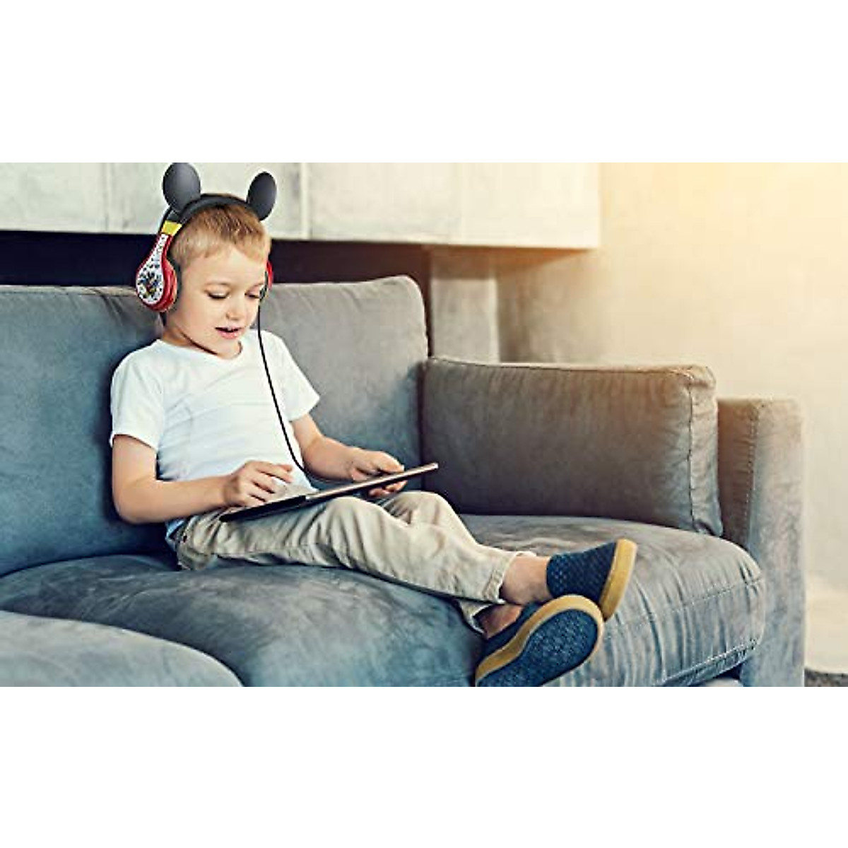 eKids Mickey Mouse Headphones For Kids, Adjustable Over the Ear Headphones, 3.5mm Jack Wired Headphones with Parental Volume Control, for Fans of Mickey Mouse Gifts