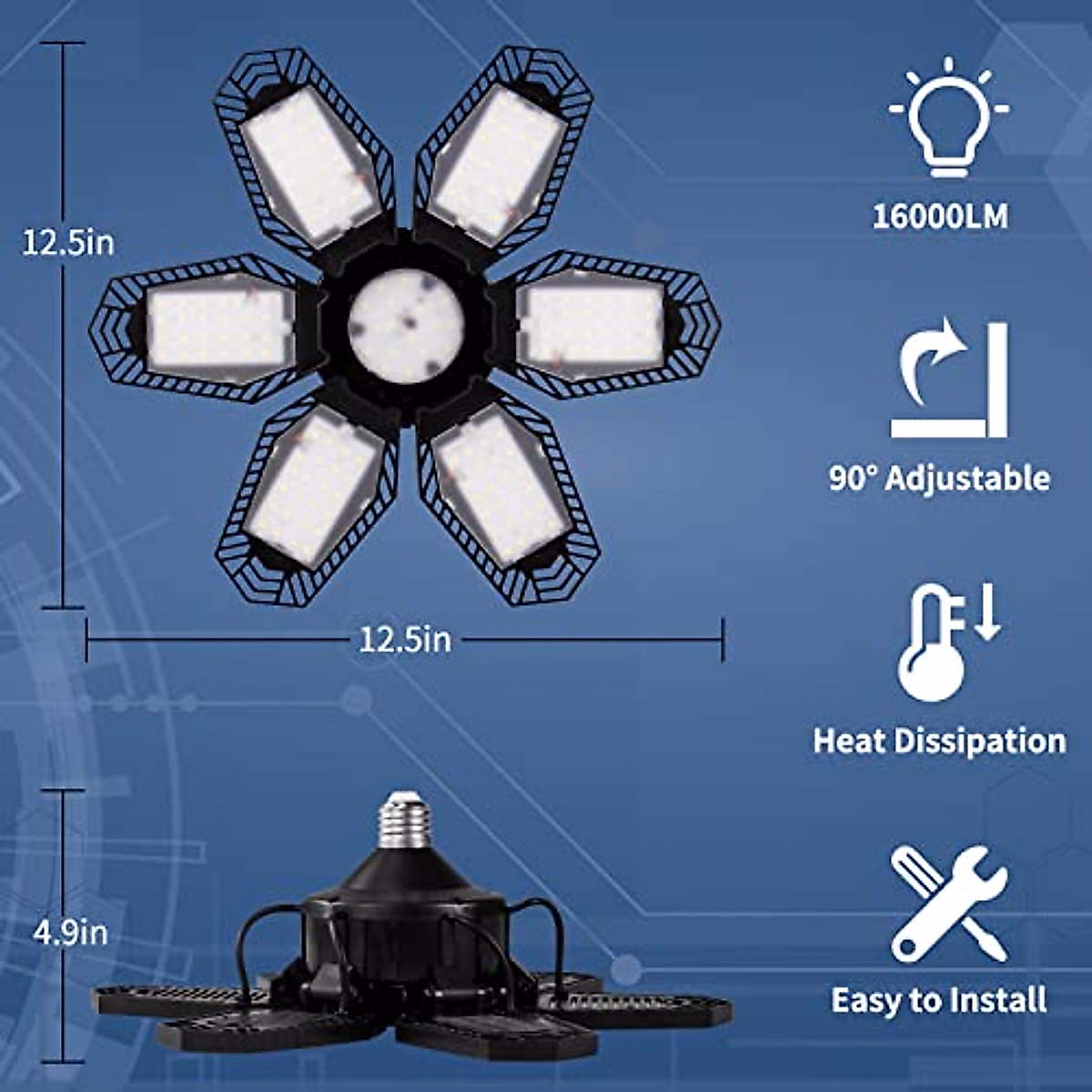 2 Pack Led Garage Ceiling Lights, 160W Deformable LED Garage Lights with 6+1 Multi-Position Panels, 16000LM E26/E27 Led Shop Lights for Garage Workshop Basement Attic Barn