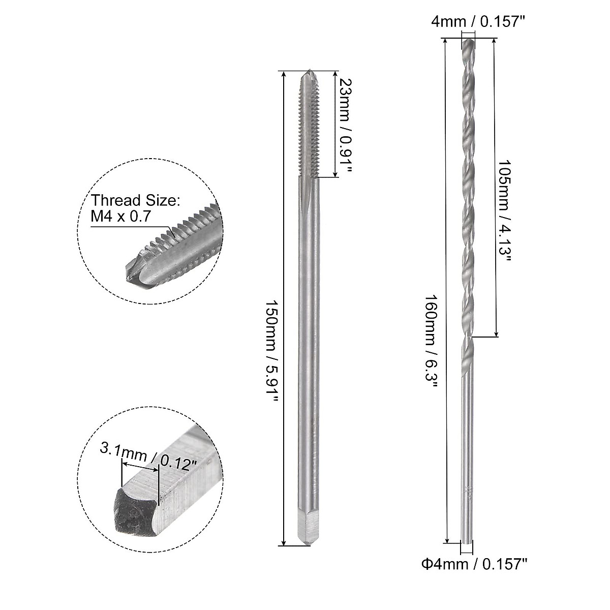 uxcell Tap & Bit Sets, M4 x 0.7 H2 Straight Flute Machine Thread Milling Tap 150mm Extra Long, 4mm High Speed Steel (HSS) Twist Drill Bit