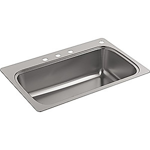 Kohler K-20060-4-NA Verse 33" x 22" Drop-in Single Bowl Kitchen Sink with Four Faucet Holes Stainless Steel, 33x22, Steel