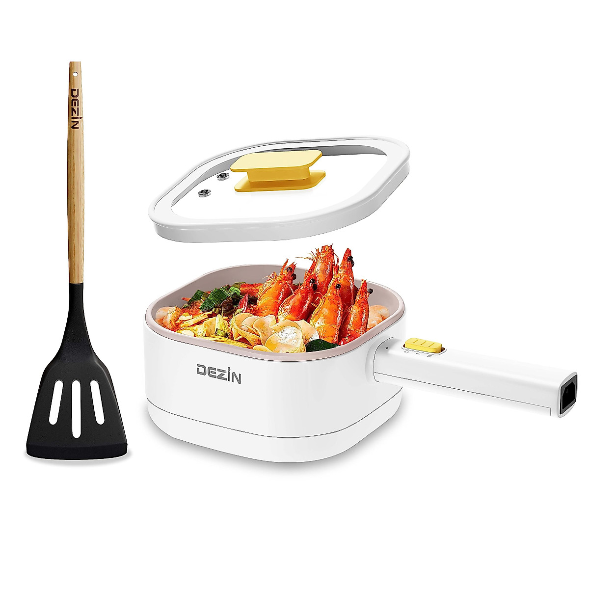 Dezin Electric Hot Pot, 2L Non-Stick Ceramic Coating Ramen Cooker, Multifunction Hot Pot for Ramen, Soup & Oatmeal, Portable Pot with Power Control for Dorm, Office, Travel (Silicone Spatula Included)