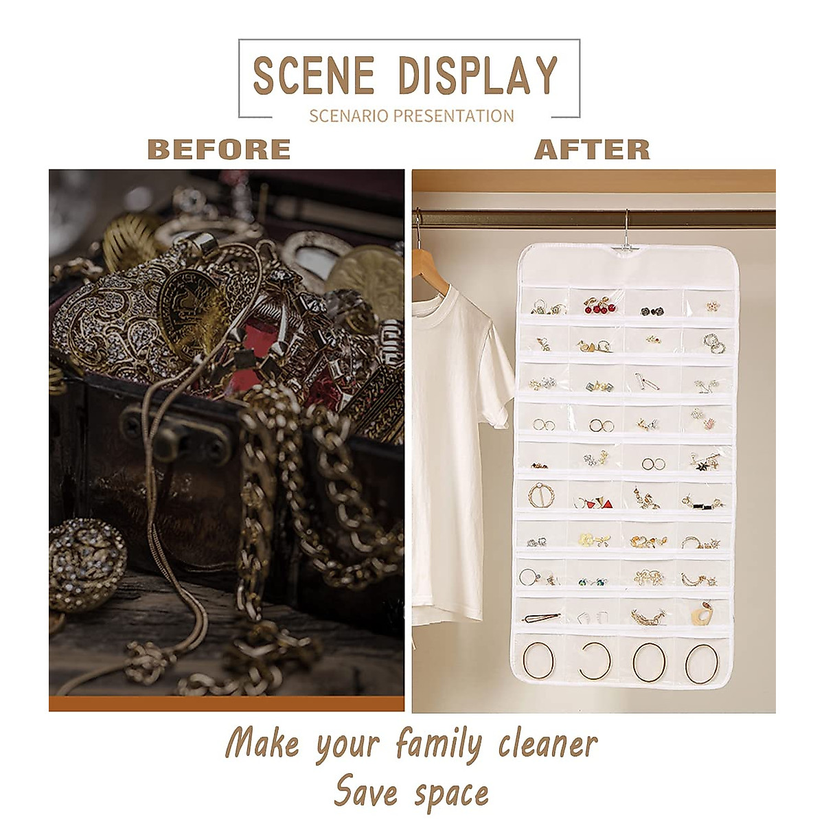 AARAINBOW Hanging Jewelry Organizer Dual-Sided Closet Accesoory Organizer with 80 Pockets Jewelry Hanger for Earrings, Necklaces, Rings on Closet, Wall, Door (White)