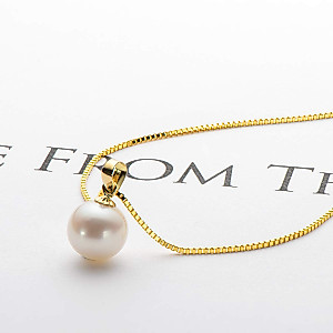 18K Gold Freshwater Cultured White Pearl June Birthstone Necklace 9-10mm Single Pearl Pendant with Sterling Silver Chain, Pearl Jewelry Gifts for Women Mom friend - Yellow Gold