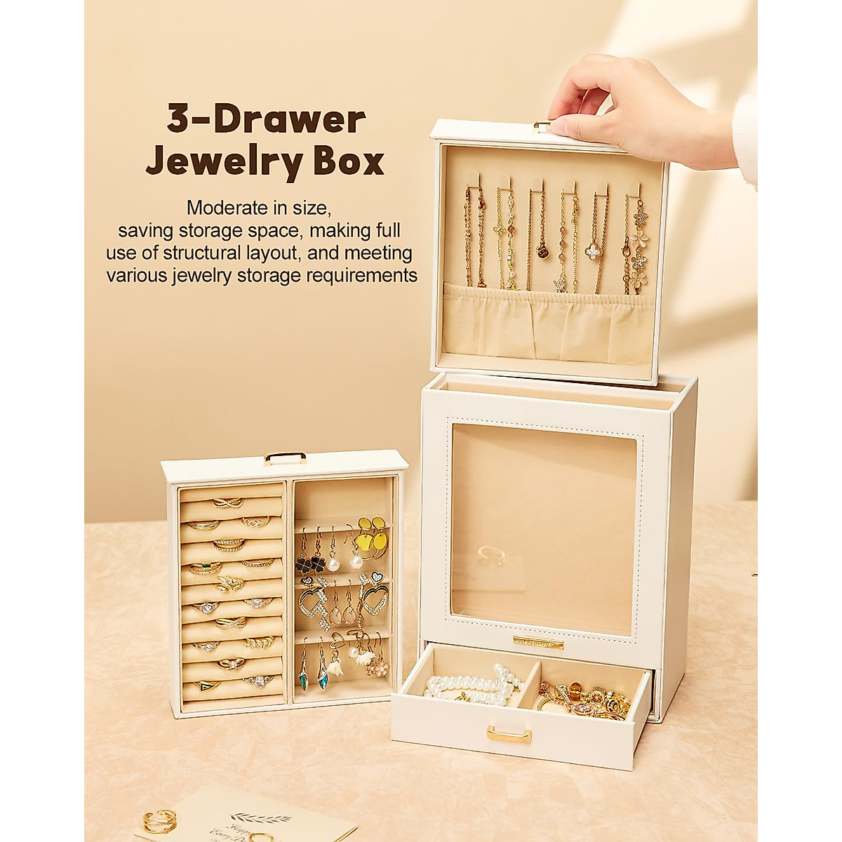 Homde Jewelry Organizer Girls Women Jewelry Box for Necklaces Rings Earrings Gift Jewelry Storage Case (White + Gold)