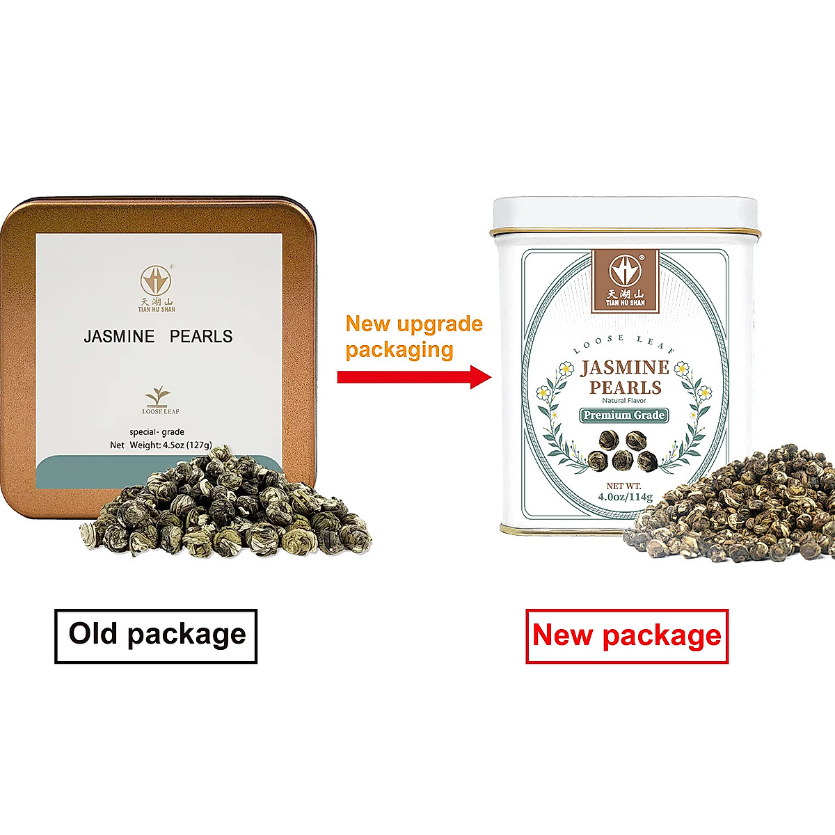 TIAN HU SHAN Jasmine Tea Jasmine Dragon Pearls Green Tea Loose Leaf 4oz (114g) Tin