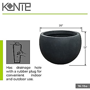 Kante 20" D Lightweight Concrete Outdoor Round Bowl Planter, Outdoor/Indoor Large Planters Pots with Drainage Hole for Garden Patio Balcony Deck Living Room, Charcoal