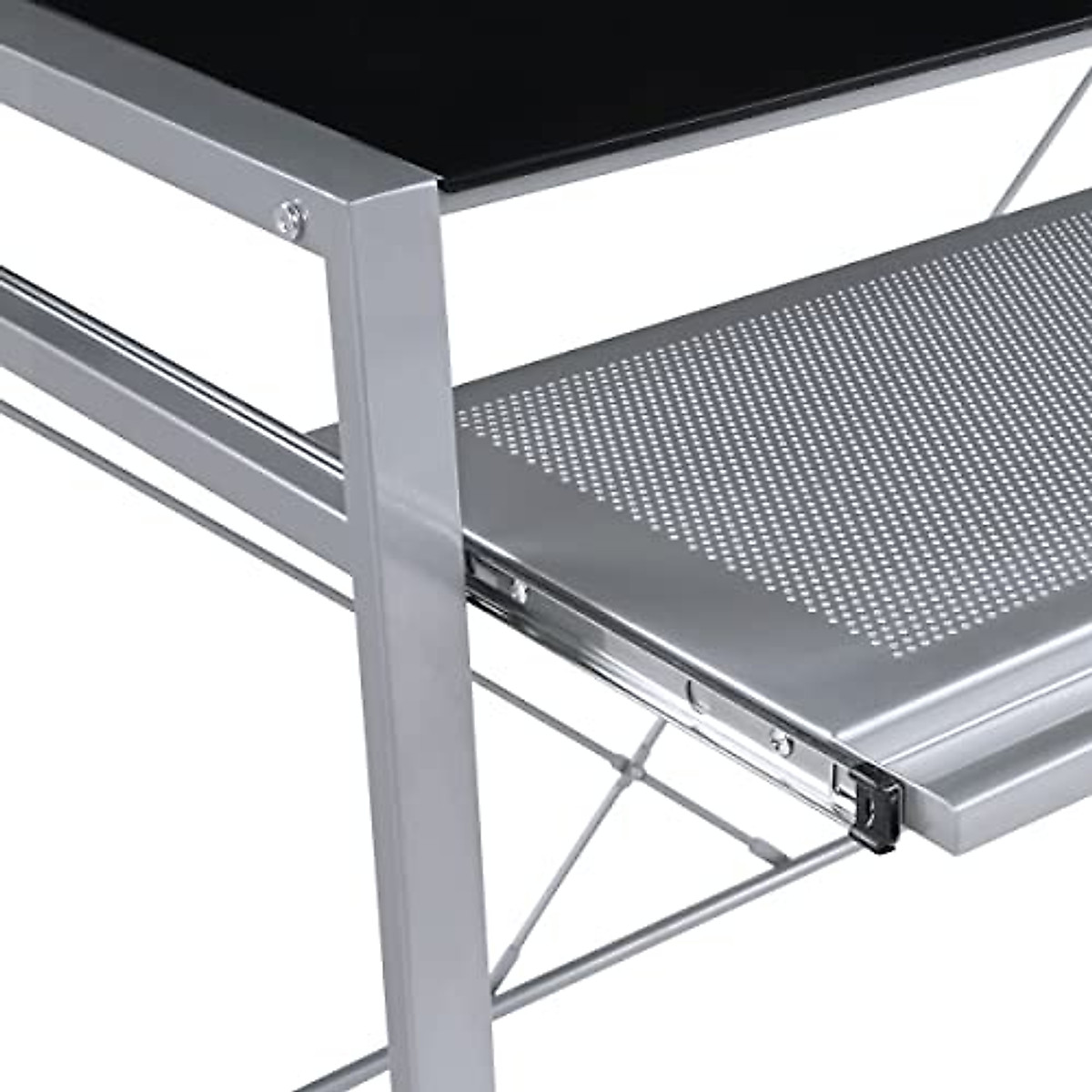 OSP Home Furnishings Zephyr Computer Desk with Keyboard Shelf and Tempered Glass Top, Black Glass and Silver Frame