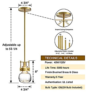 BUNKOS Modern Gold Pendant Light Hand Blown Glass Pendant Lighting for Kitchen Island Mini Globe Hanging Light Fixture in Brushed Brass Finished